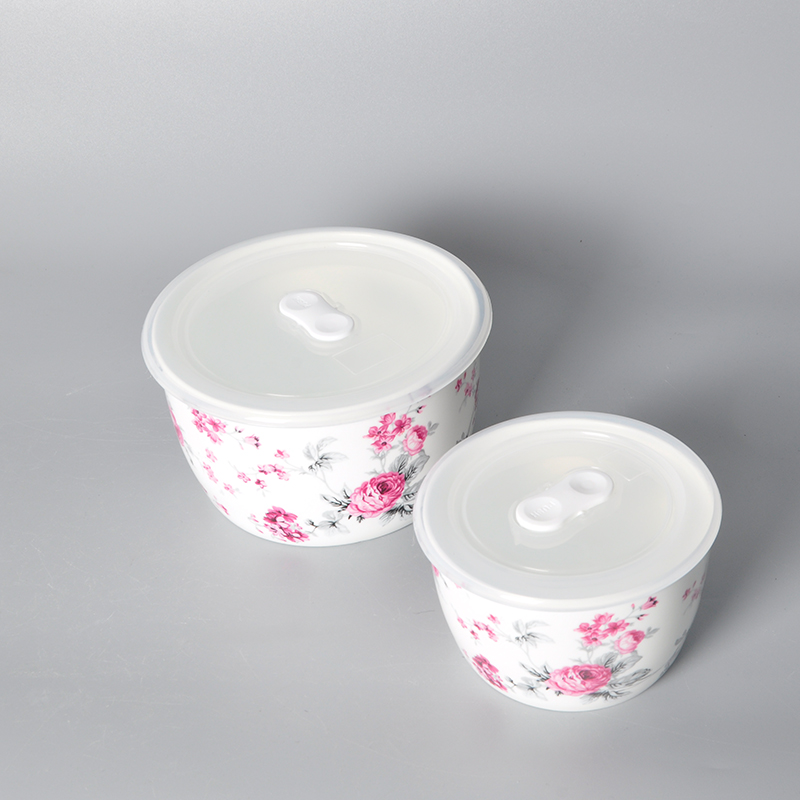 Various sizes ceramic bowls with plastic lids